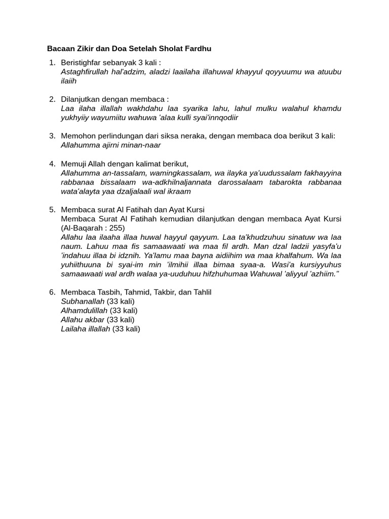 Bacaan Zikir Dan Doa Setelah Sholat Fardh Edit | PDF