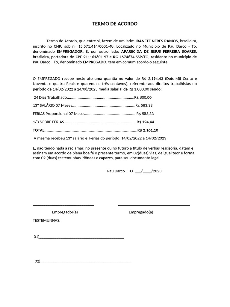 Termo de Acordo Trabalhista | PDF