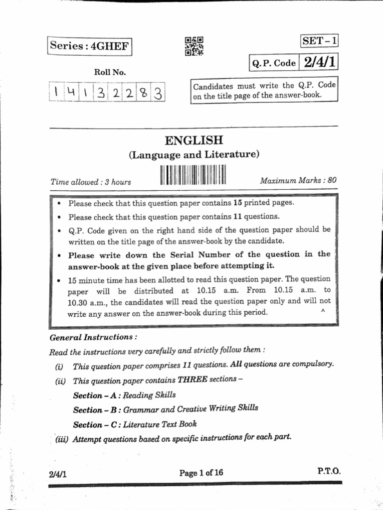 English Board QP Code 2 - 4 - 1 SET-1 | PDF