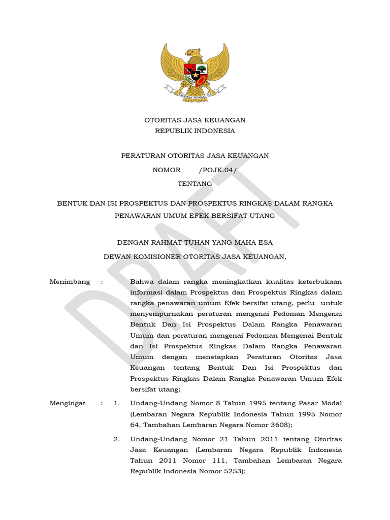 RPOJK Bentuk Dan Isi Prospektus Dan Prospektus Ringkas Dalam Rangka Penawaran Umum Efek Bersifat ...
