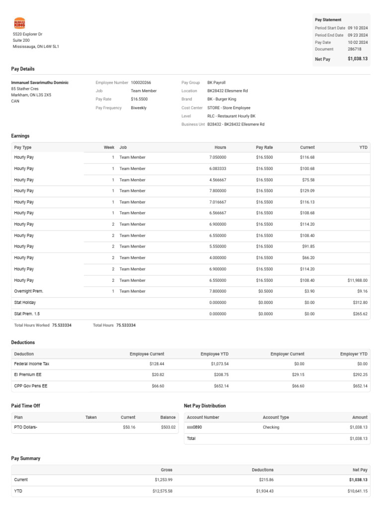 Biweekly Pay Statement for Team Member | PDF | Payroll | Public Finance