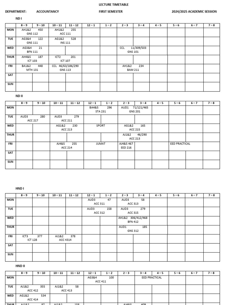 2024/2025 Academic Semester Timetable | PDF