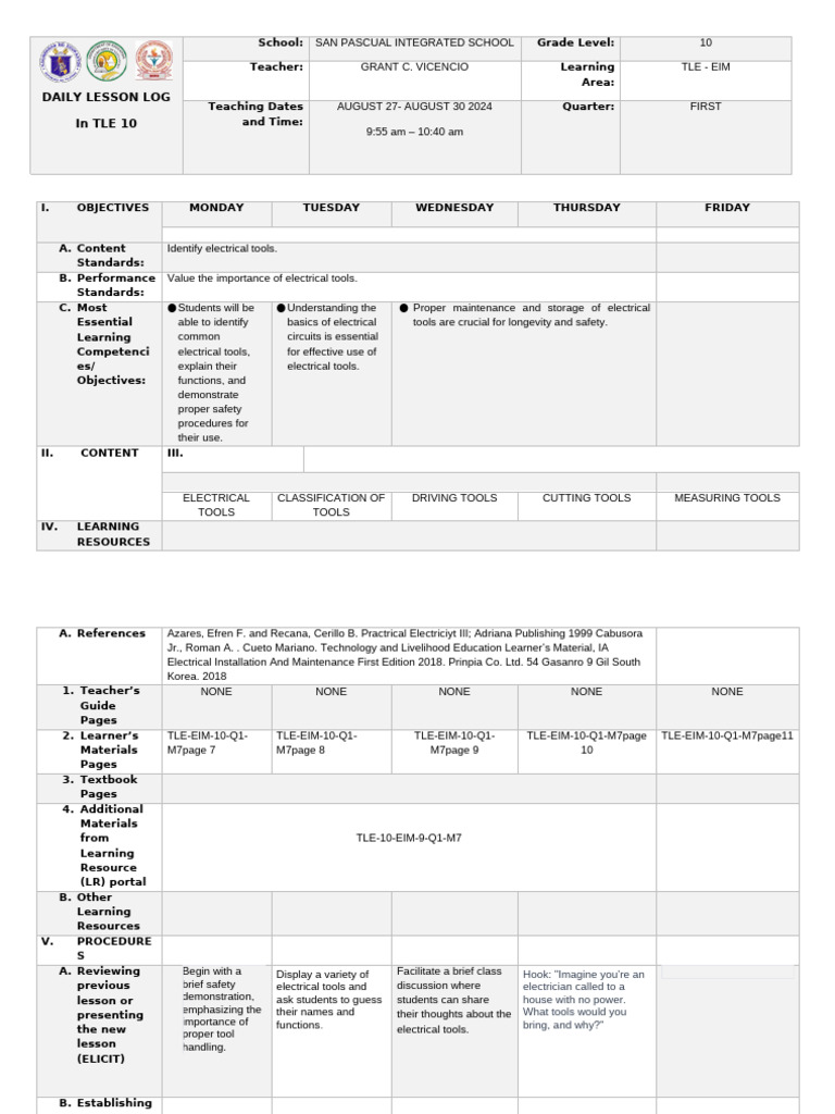 Electrical Tools Identification Lesson Plan | PDF | Tools | Screw