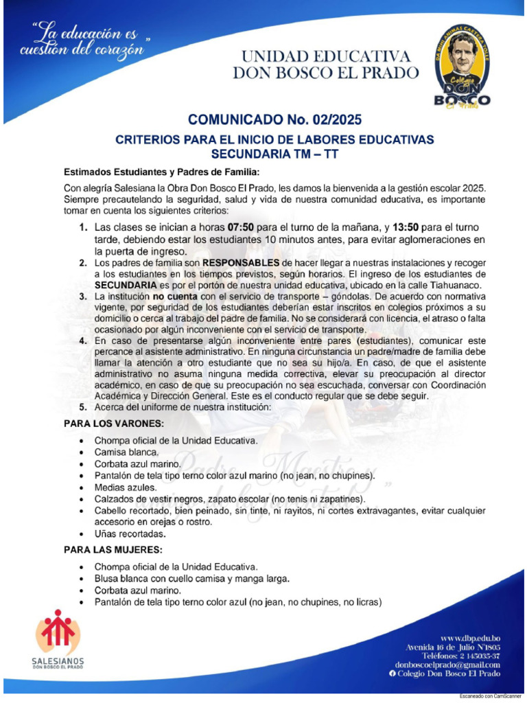 COMUNICADO Nro 2 - 2025 SECUNDARIA DON BOSCO | PDF