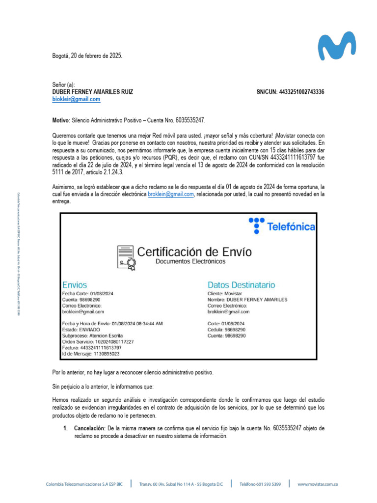 Duber Ferney Amariles Ruiz Sn/Cun: 4433251002743336 | PDF | Telecomunicaciones