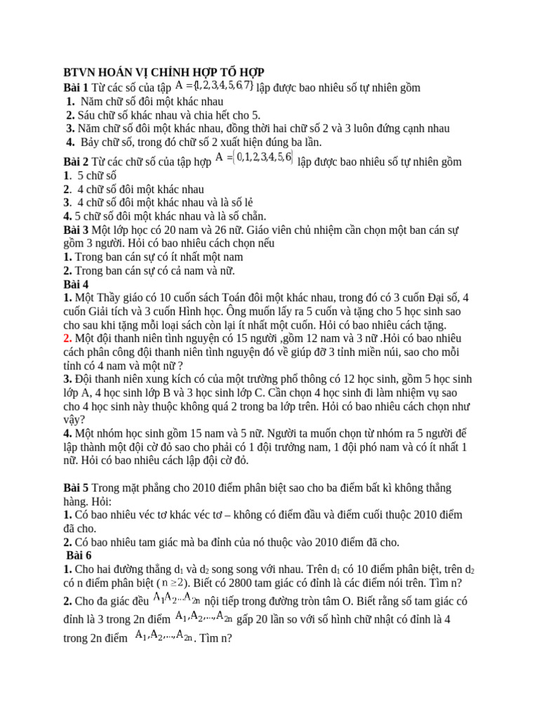 BTVN HOÁN VỊ CHỈNH HỢP TỔ HỢP | PDF
