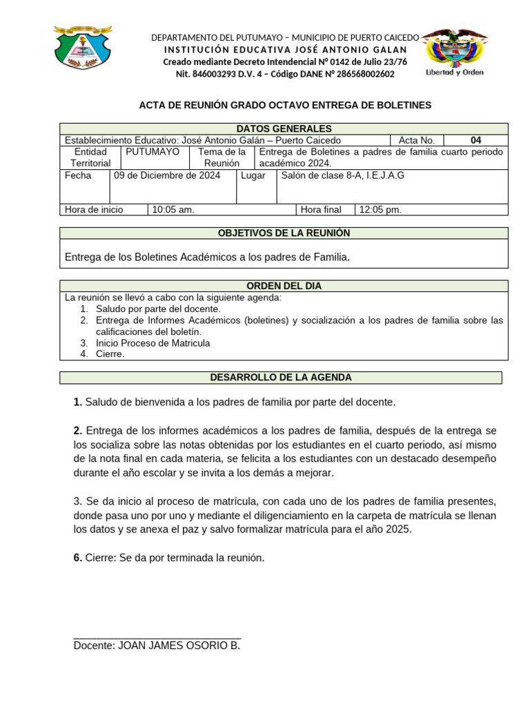 Acta de Reunion Boletines Cuarto Periodo 2024 | PDF