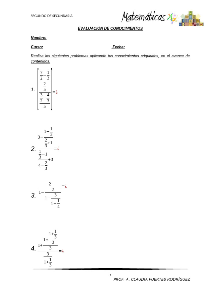 EVALUACIÒN DE CONOCIMIENTOS Operaciones Complejas Complejas | PDF