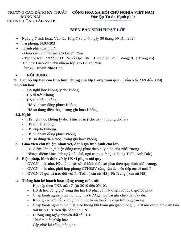 Bien Ban Sinh Hoat - DN22TC33 (Tuan 9) 2024 | PDF