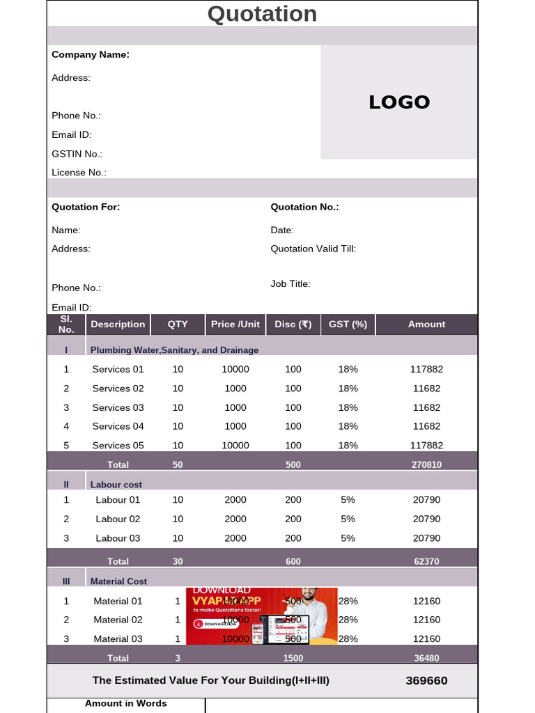 Plumbing Quotation Template Sample | PDF