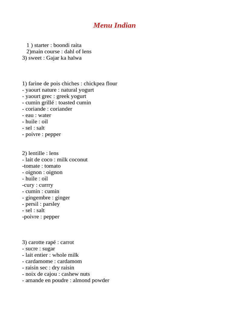 Menu Indien au Restaurant Yahann | PDF