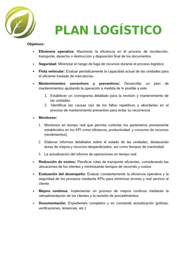 Plan Logístico: Eficiencia y Seguridad | PDF | Indicador de rendimiento ...