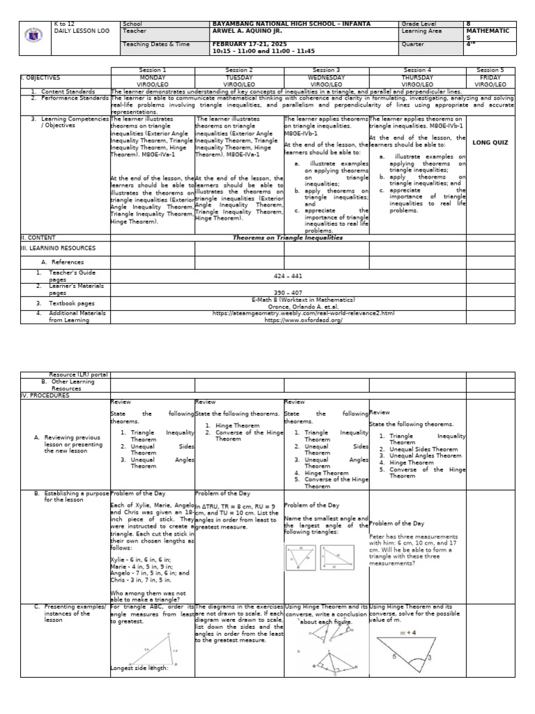 Week 2 - Quarter 4 Mathematics DLL | PDF | Triangle | Mathematics