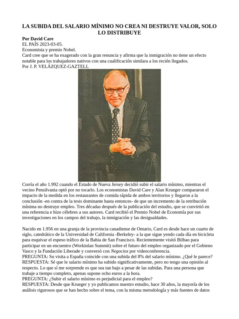 La Indexación Salarial Por David Card Pdf Salario Empleo