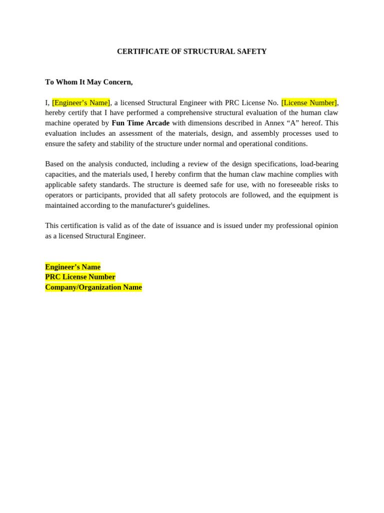 Certificate of Structural Safety | PDF