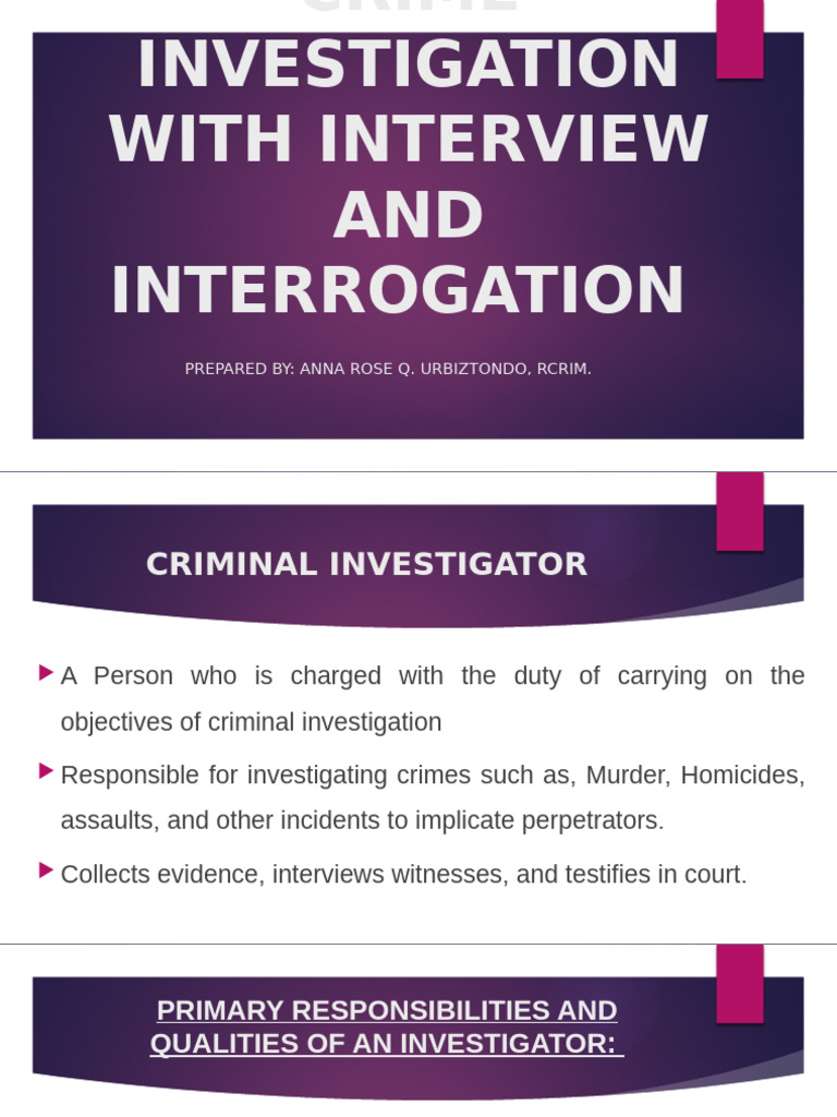 1. Specialized Crime Investigation With Interview and Interrogation | PDF | Crime Scene | Murder