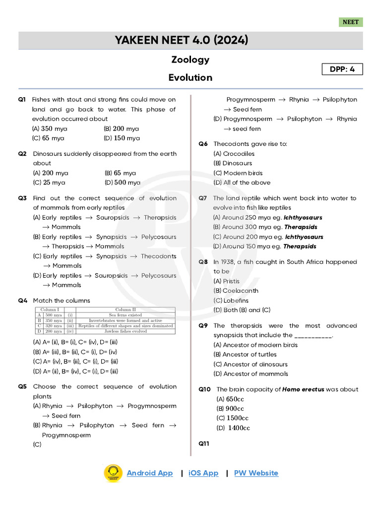 65f043f290b7660018359050_##_Evolution_DPP_04_of_Lec_06_Yakeen_NEET | PDF | Homo | Pliocene