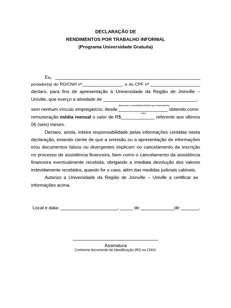 Declaração de Rendimentos Informais Univille | PDF
