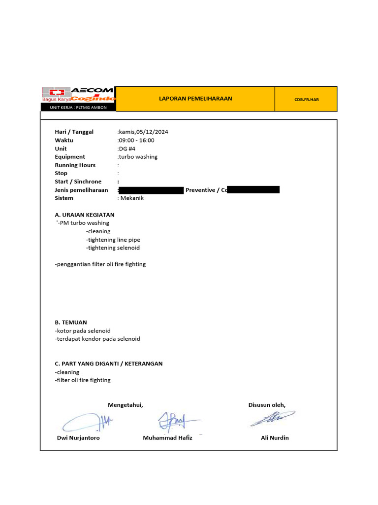 Laporan Pemeliharaan Turbo Washing PLTMG | PDF