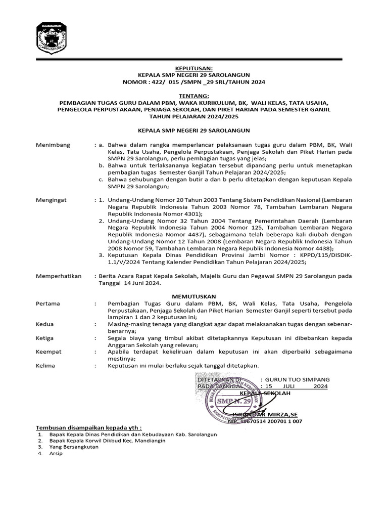 SK Pembagian Tugas Dan KBM 2024-2025 | PDF