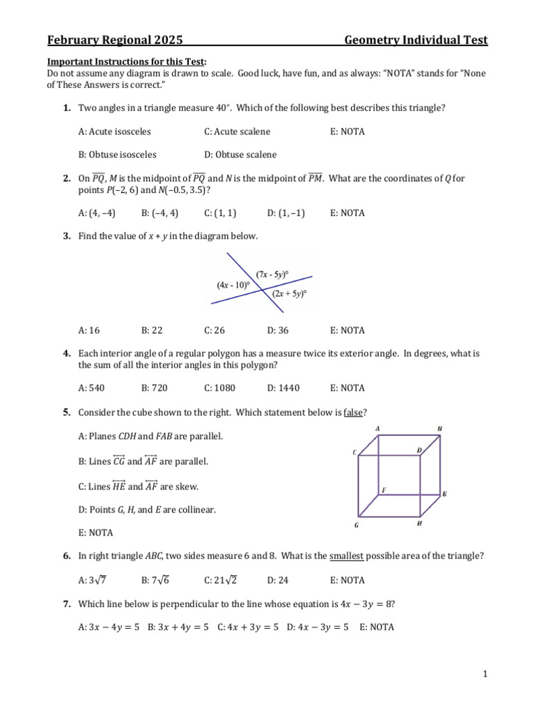 Geometry Individual Test - February 2025 | PDF | Rectangle | Triangle