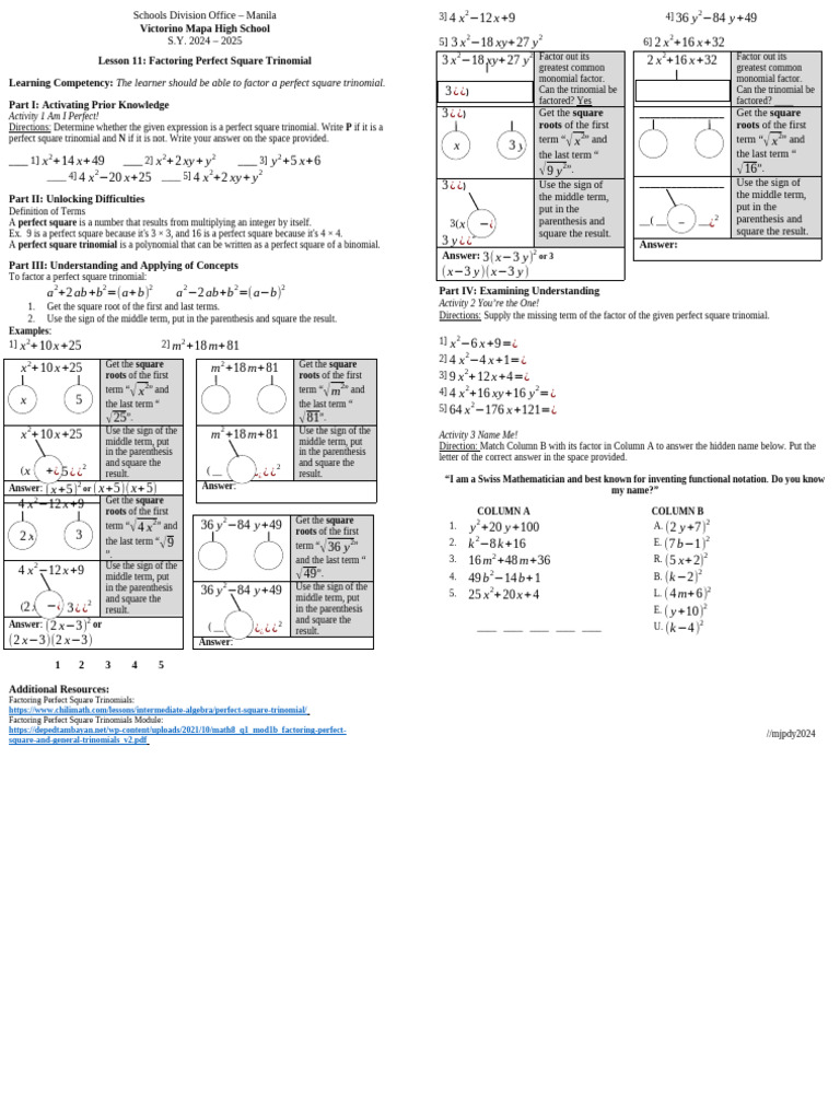 Factoring Perfect Square Trinomial - Handout | PDF | Square Root | Factorization