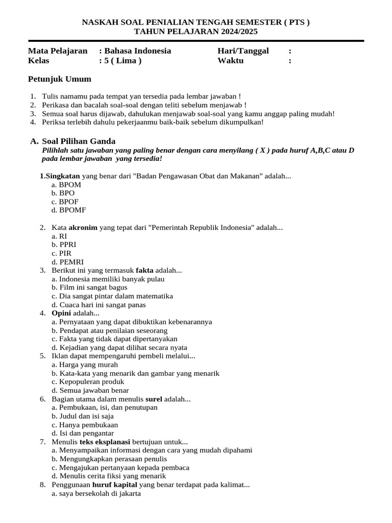 NASKAH SOAL PTS BAHASA INDONESIA KELAS 5 | PDF