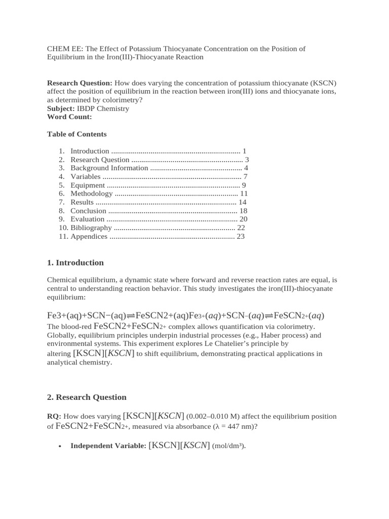 CHEM EE - The Effect of Potassium Thiocyanate Concentration On The Position of Equilibrium in ...