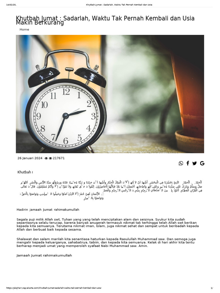 Khutbah Jumat - Sadarlah, Waktu Tak Pernah Kembali Dan Usia Makin Berk | PDF