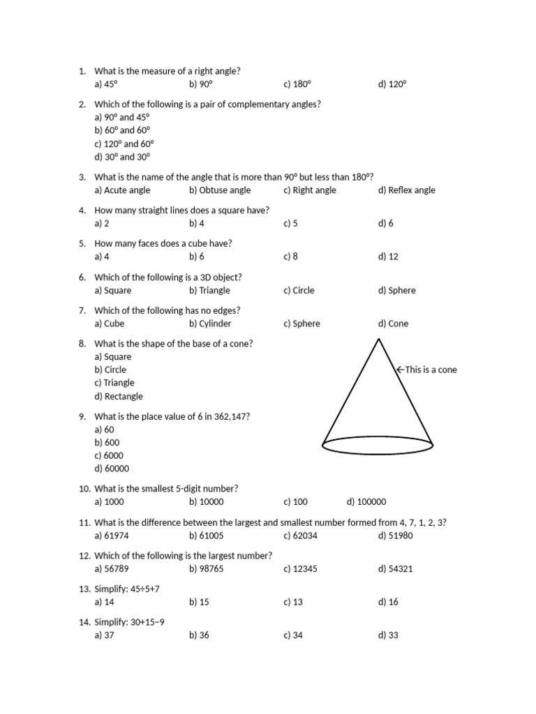Maths class 5 mcq questions | PDF | Triangle | Elementary Geometry