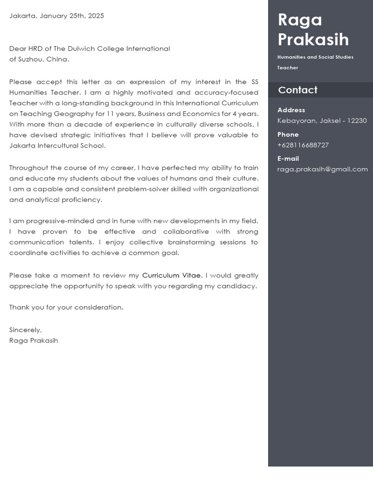 Cover Letter - Dulwich Suzhou | PDF
