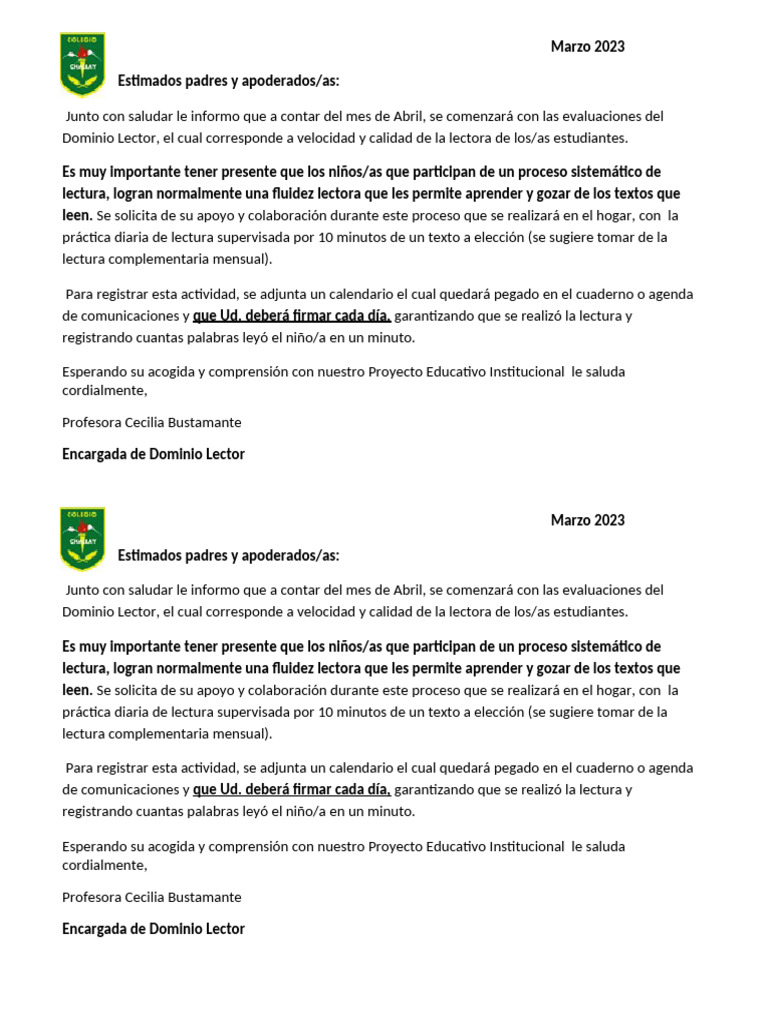 Comunicacion Apoderados Lectura Diaria | PDF