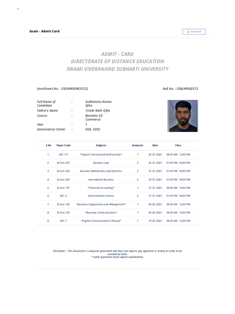 Exam - Admit Card - Swami Vivekanand Subharti University | PDF