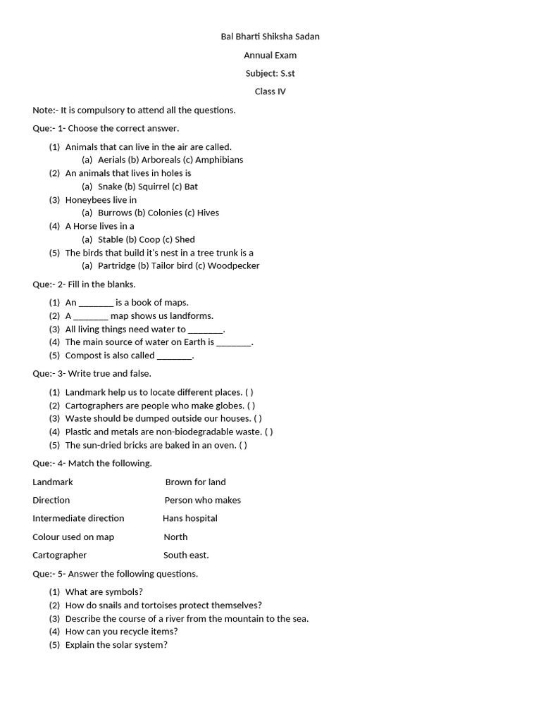 Class IV S.St Annual Exam Paper | PDF