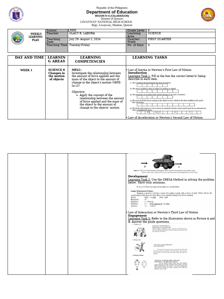 Q1 - SCIENCE8 - WEEK 1 (Labora) | PDF | Force | Newton's Laws Of Motion