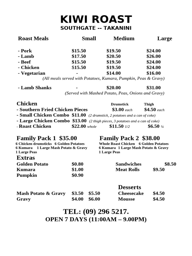Kiwi Roast Menu: Southgate Takanini | PDF