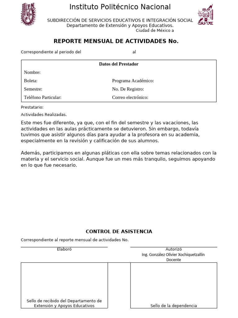 Reporte Mensual de Actividades IPN | PDF