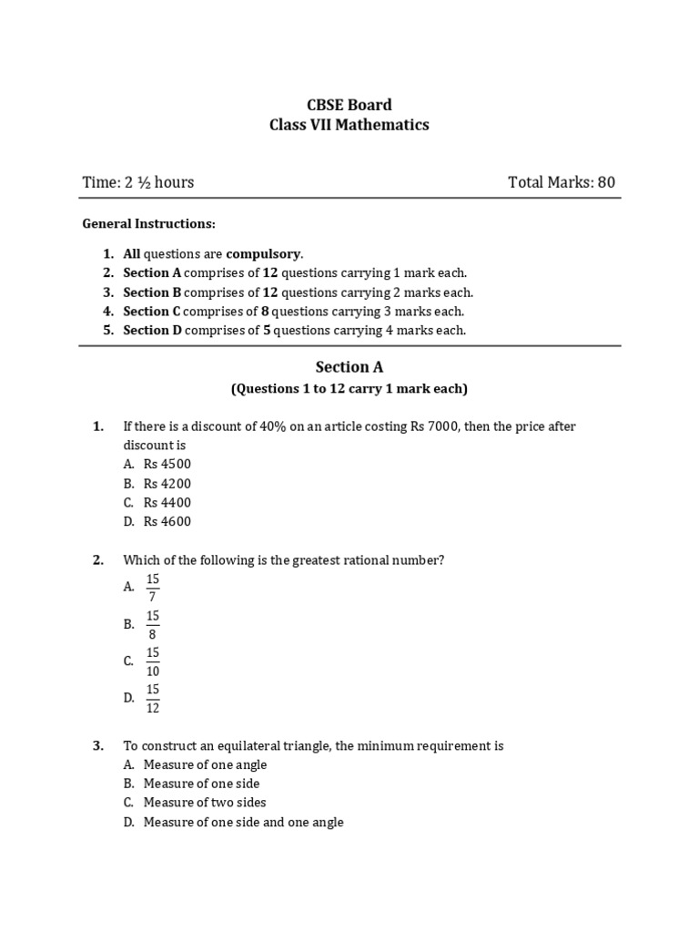 CBSE Class VII Math Exam Paper | PDF | Area | Circle