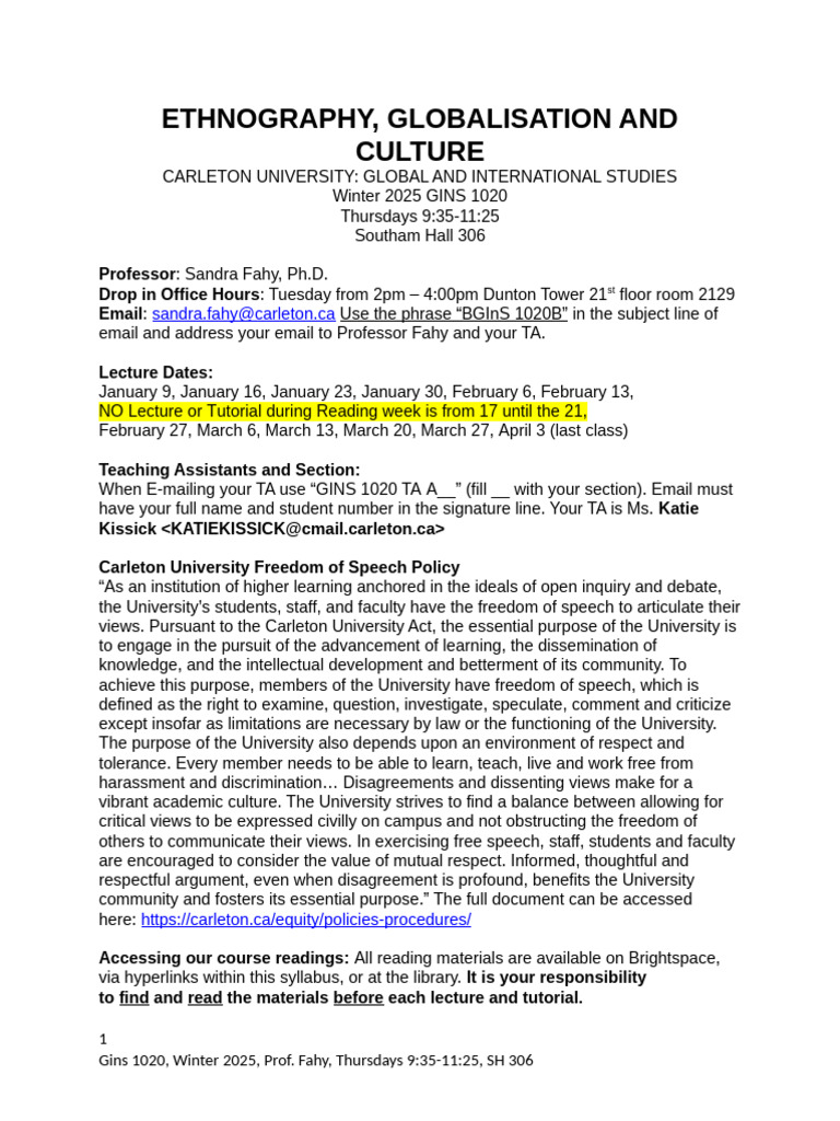 GINS 1020 Winter 2025 Final | PDF | Ethnography | Essays