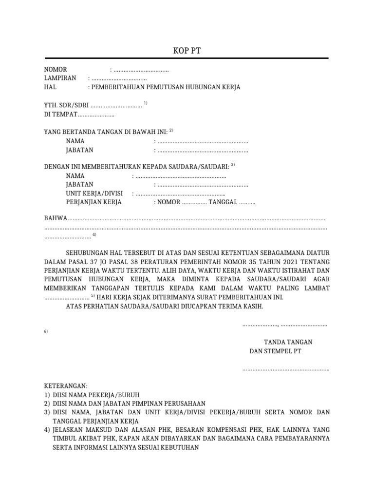 Contoh Surat Pemberitahuan PHK | PDF