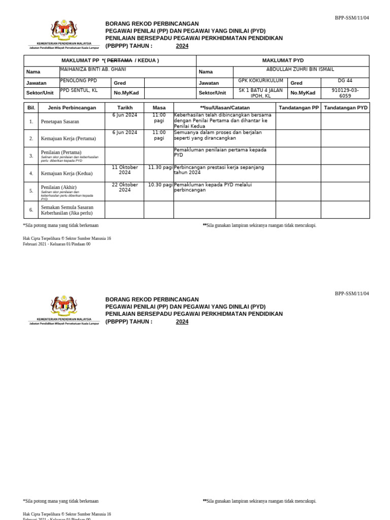 Borang Rekod Perbincangan PBPPP | PDF