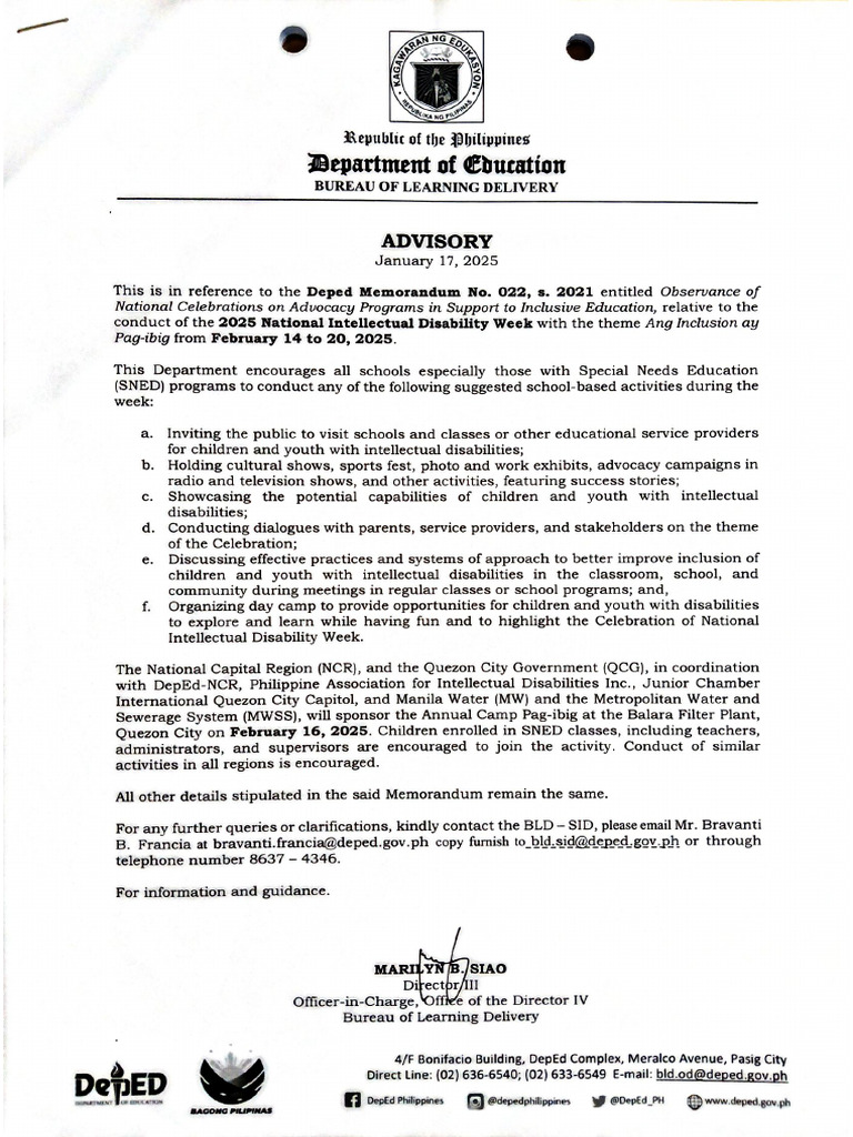 Advisory - Celebration of The 2025 National Intellectual Disability ...