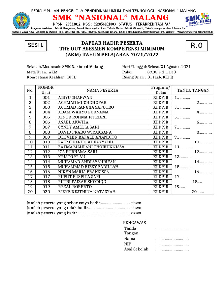 Daftar Hadir Peserta Tryout Akm | PDF