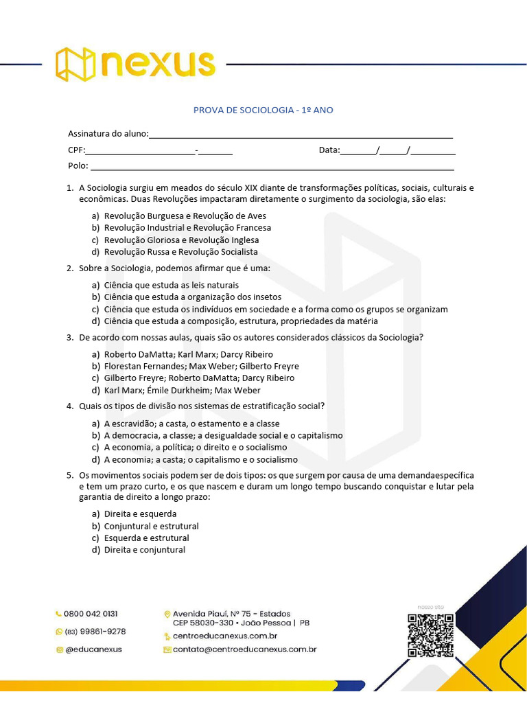 Prova - Sociologia - Médio 1°ano | PDF
