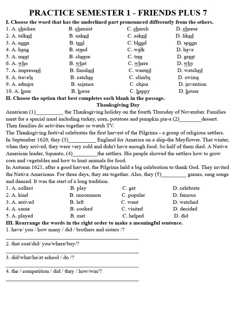 PRACTICE SEMESTER 1 - FRIENDS PLUS 7 SỐ 3 | PDF | Thanksgiving