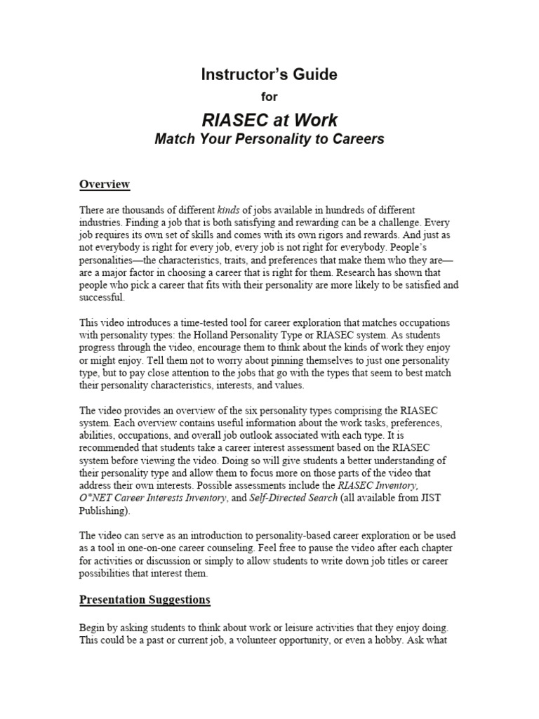 Riasec at Work Instructors Guide | PDF | Personality Type | Psychology