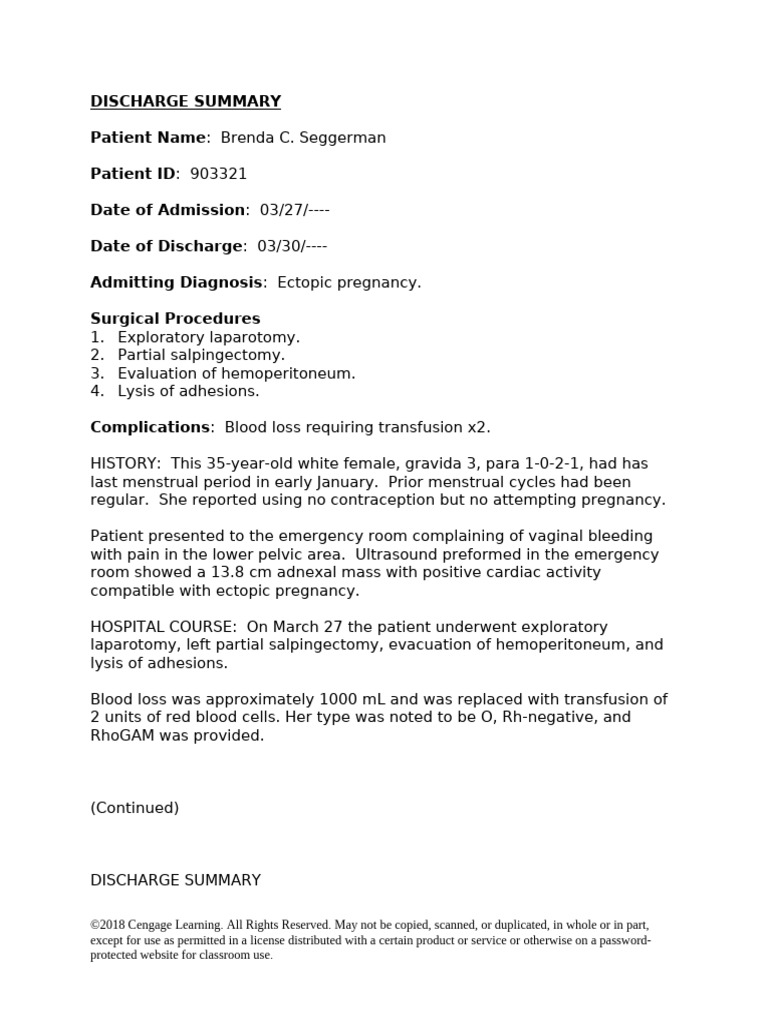 Ectopic Pregnancy Discharge Summary | PDF