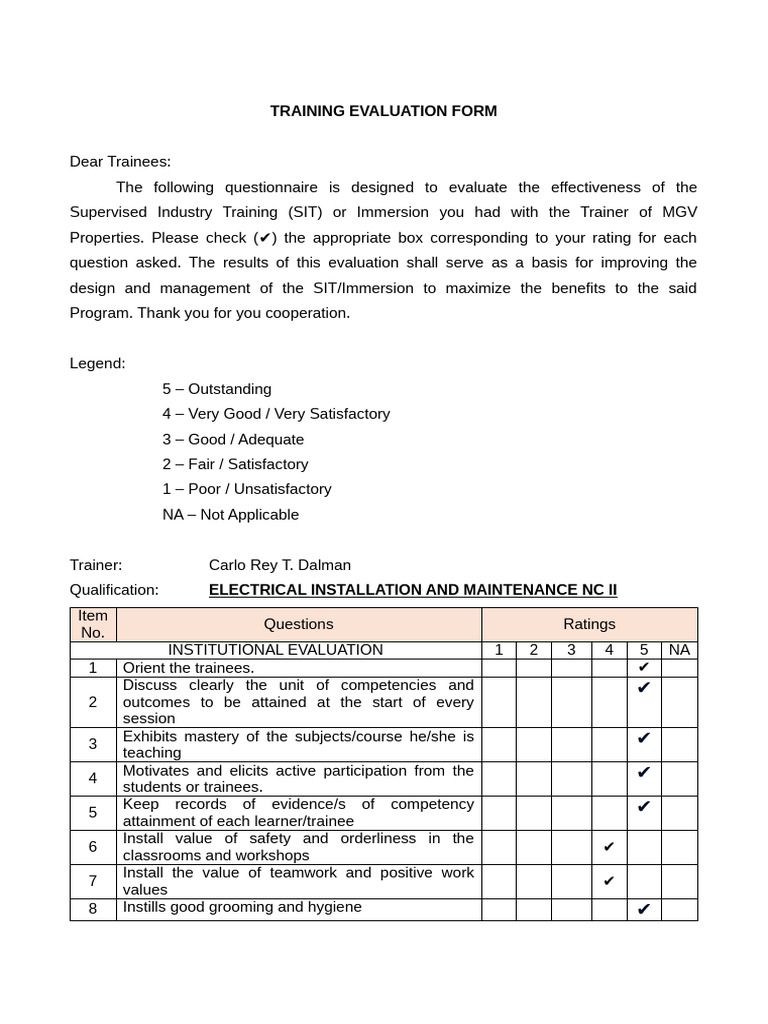 Training Evaluation Form | PDF | Learning | Psychology
