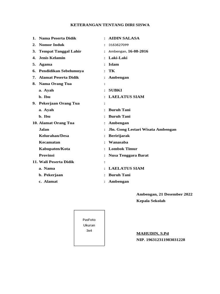 Data Diri Siswa Aidin Salasa | PDF