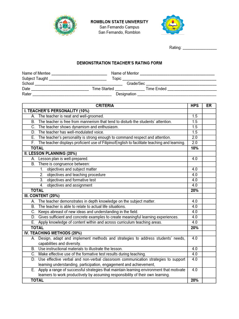 Demonstration Teaching Rating Form | PDF | Teachers | Learning